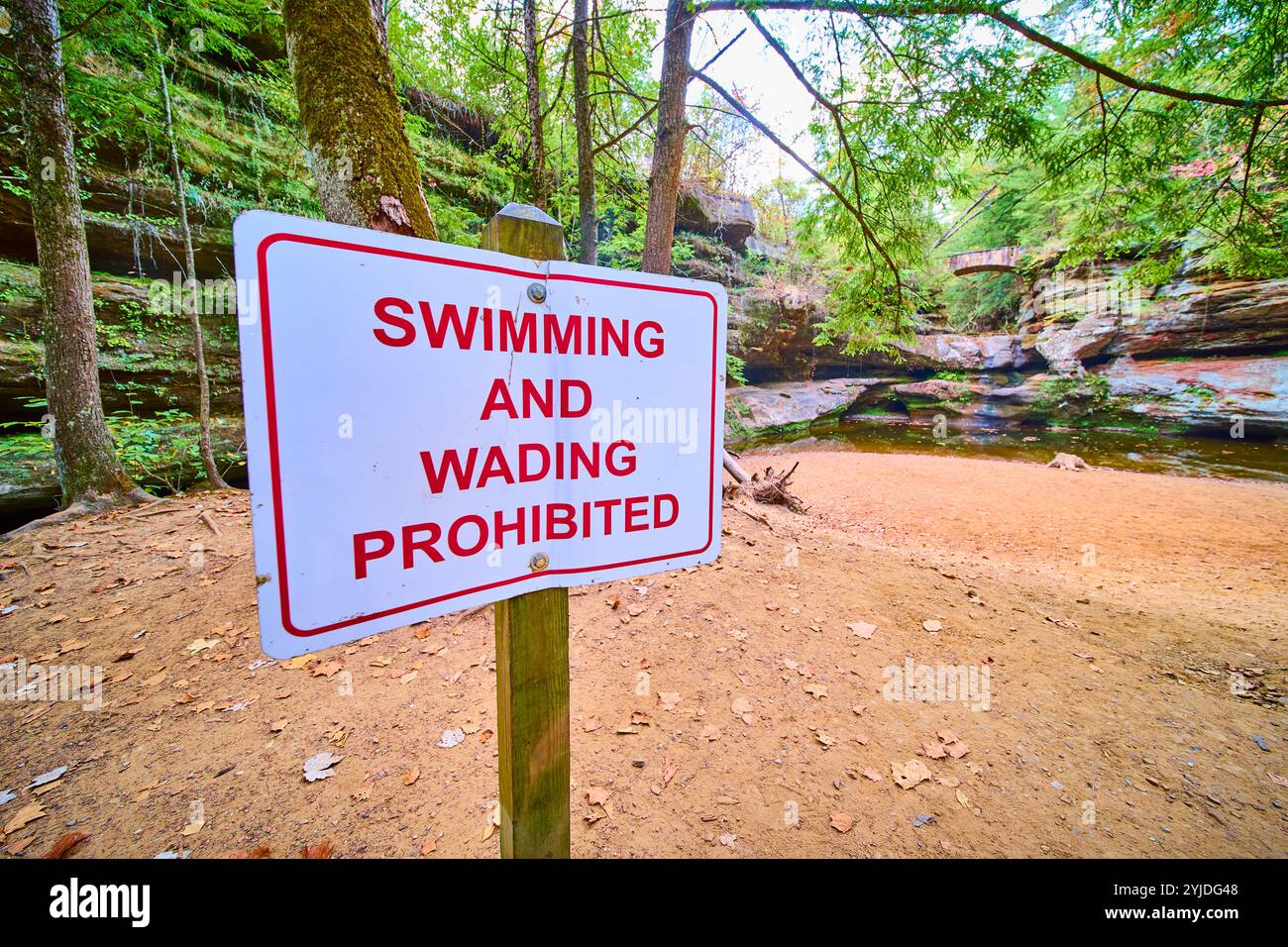 No Swimming Sign in Forest at Hocking Hills Eye Level Perspective Stock ...