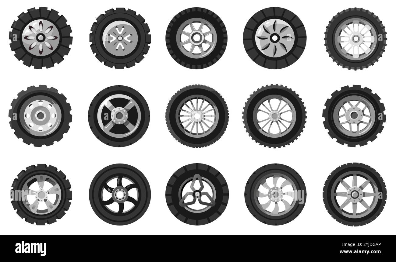 Cartoon car wheels. Tire rim disk with rubber, transport vehicle auto ...