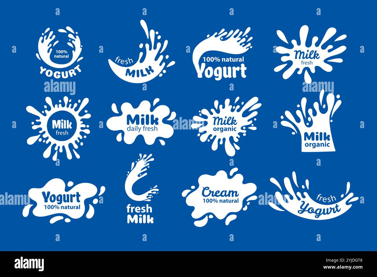 Milk splash labels. Cartoon badges with white liquid drops for dairy ...