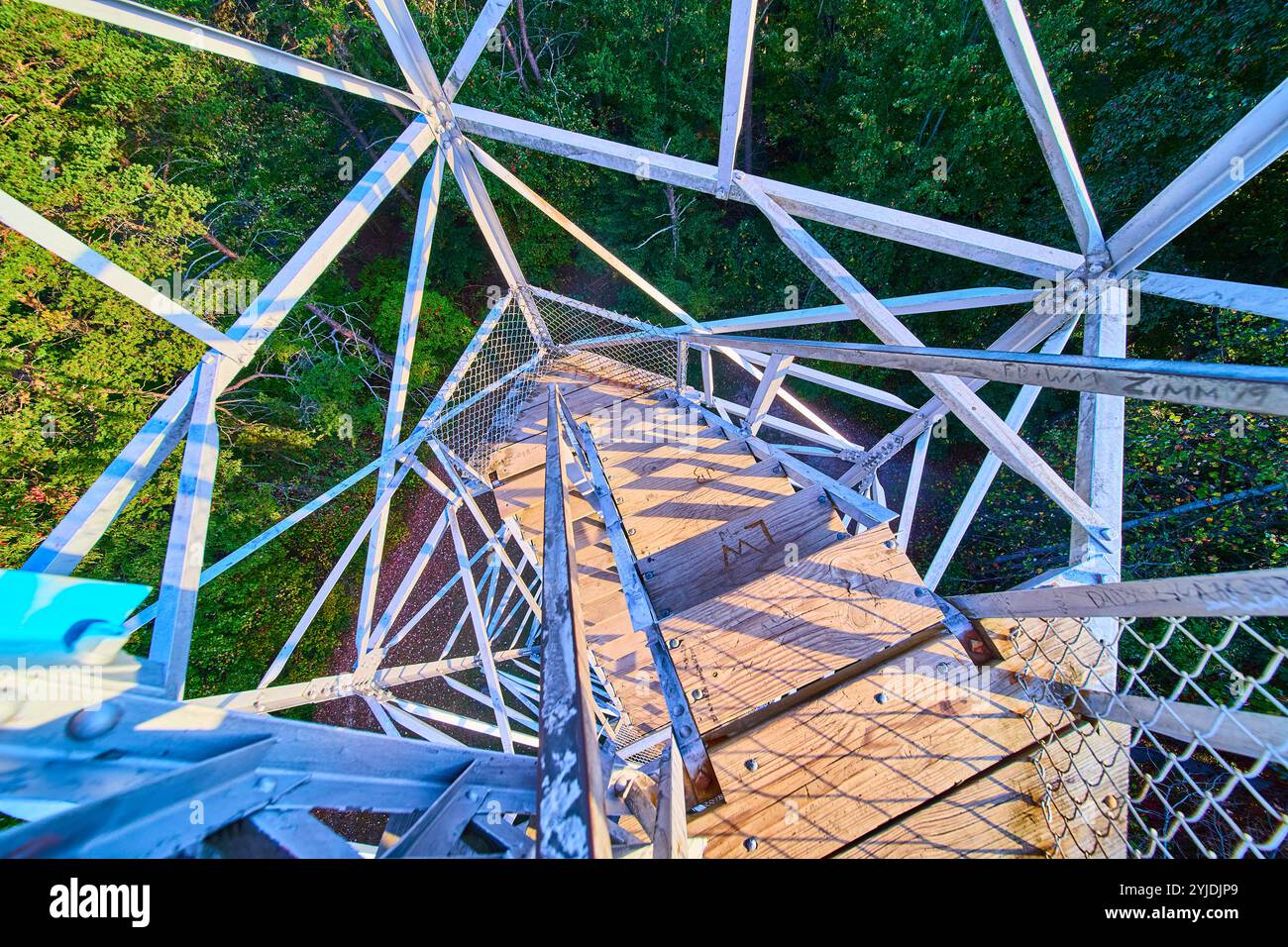 Ash Cave Fire Tower Spiral Stairs Over Forest Canopy Aerial Tilt Stock ...