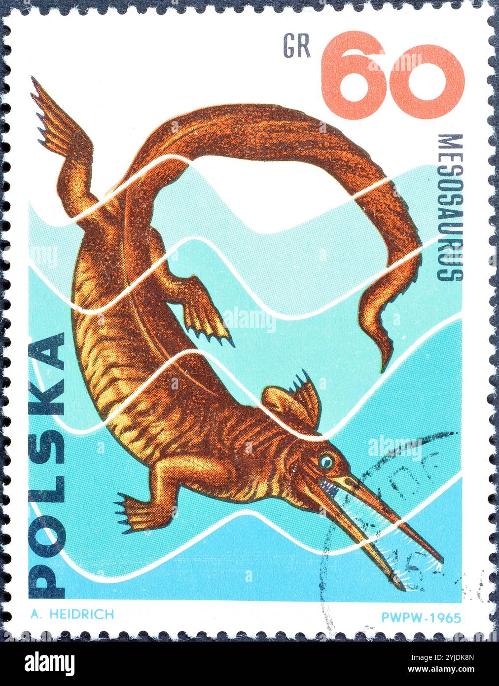 Cancelled postage stamp printed by Poland, that shows Mesosaurus ...