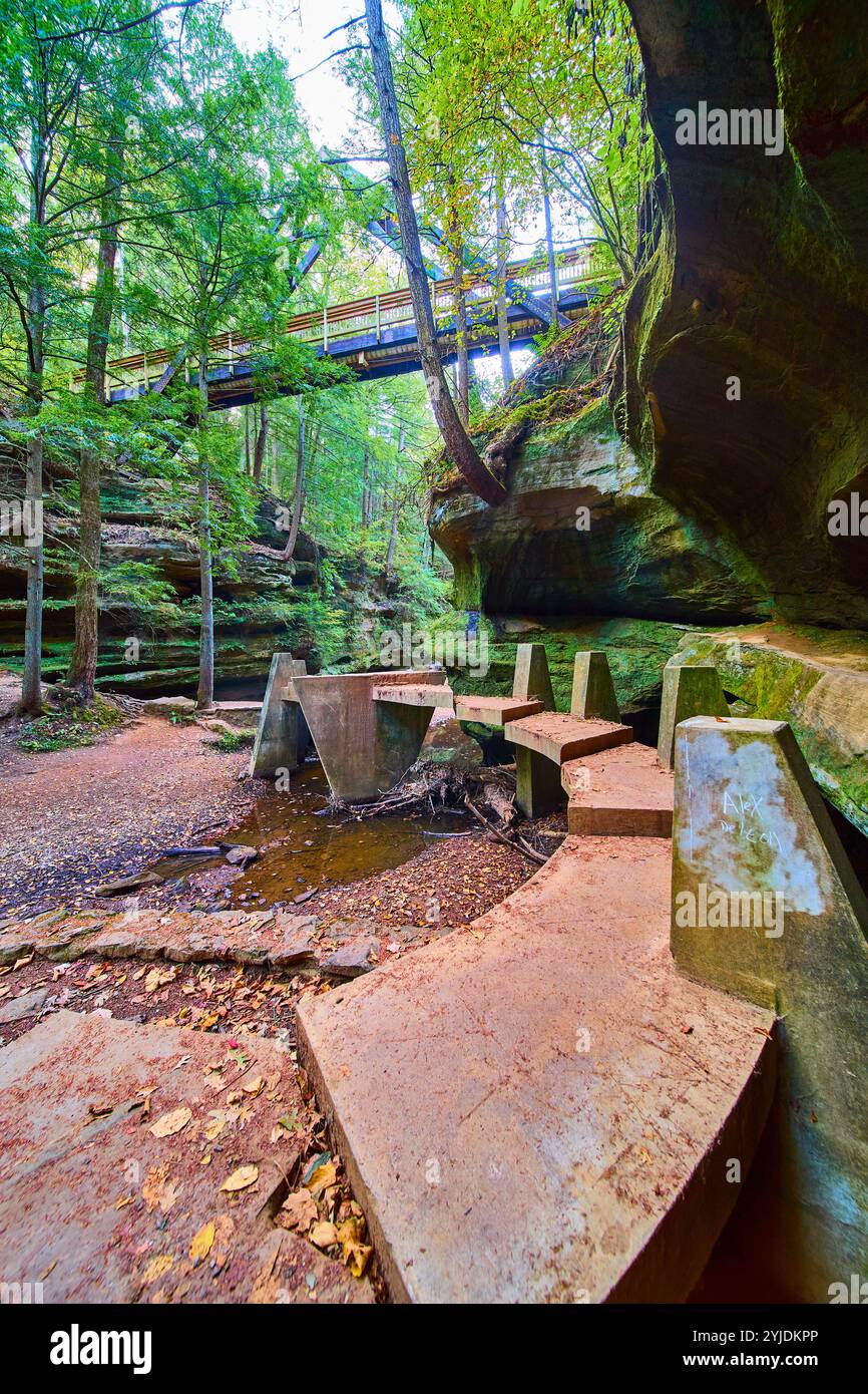 Woodland Bridge and Stream on Old Mans Cave Trail Eye-Level View Stock ...