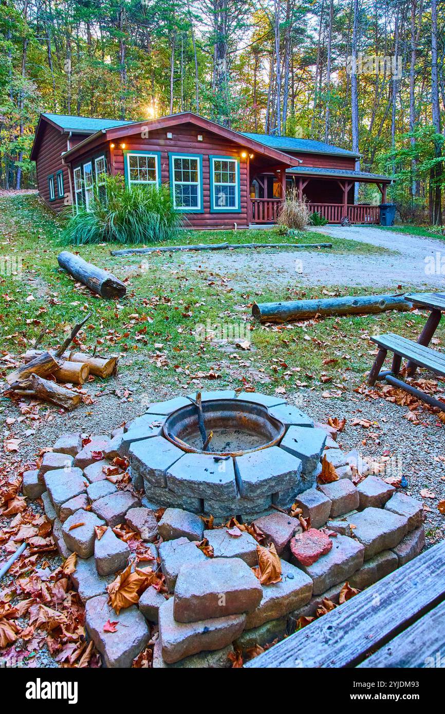 Rustic Log Cabin and Fire Pit in Autumn Forest Aerial Stock Photo - Alamy