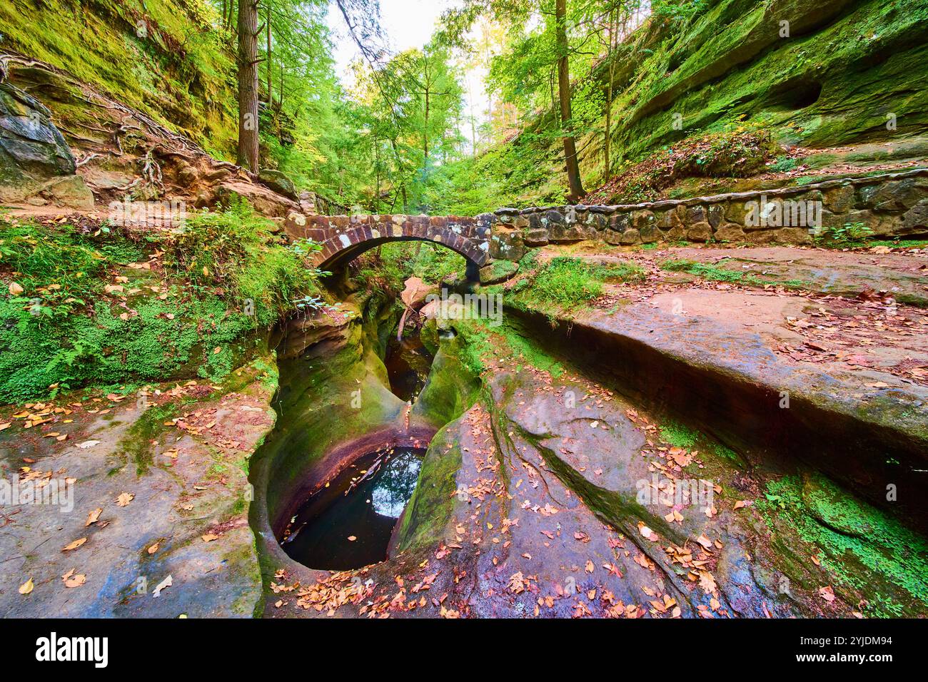Rustic Stone Bridge Over Gorge in Lush Ohio Forest Eye-Level View Stock ...