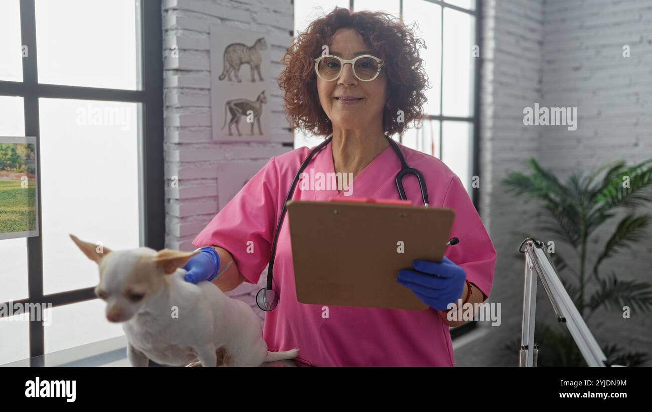 An elderly woman veterinarian in a pink uniform examines a chihuahua in ...