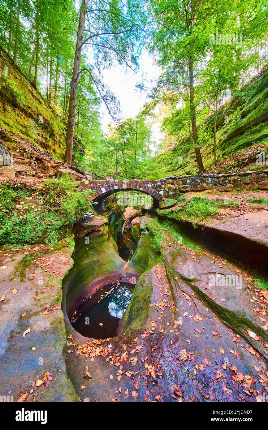 Stone Bridge Over Gorge in Lush Forest Ohio Eye-Level View Stock Photo ...