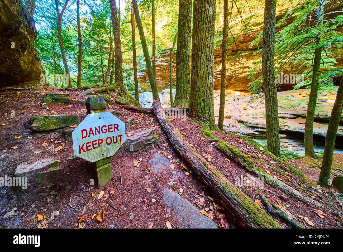 Forest Trail Warning Sign on Rocky Path Hocking Hills Eye-Level View ...