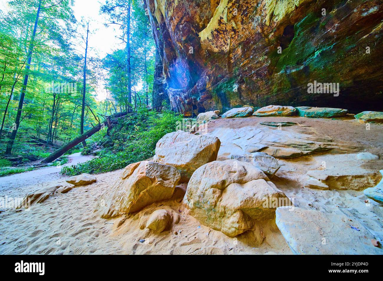 Towering Rock Formation and Forest Trail in Hocking Hills Eye Level ...