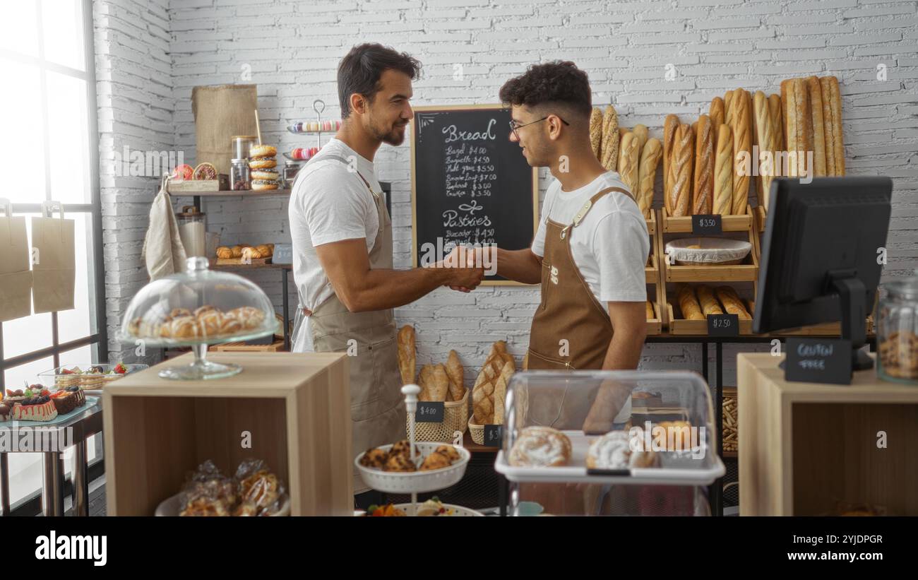 Men shaking hands in a bakery with shelves full of bread and pastries ...