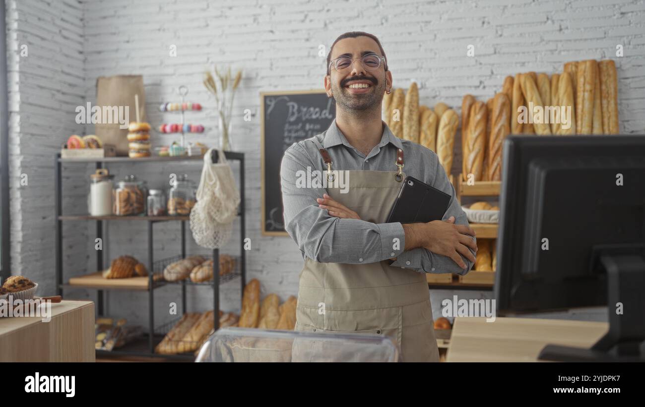 Hispanic man with a moustache and glasses, standing confidently in a ...