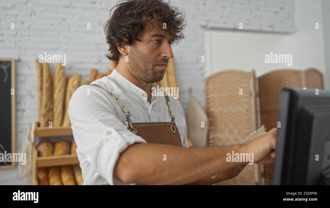 Hispanic man working indoors at a bakery typing on a computer while ...