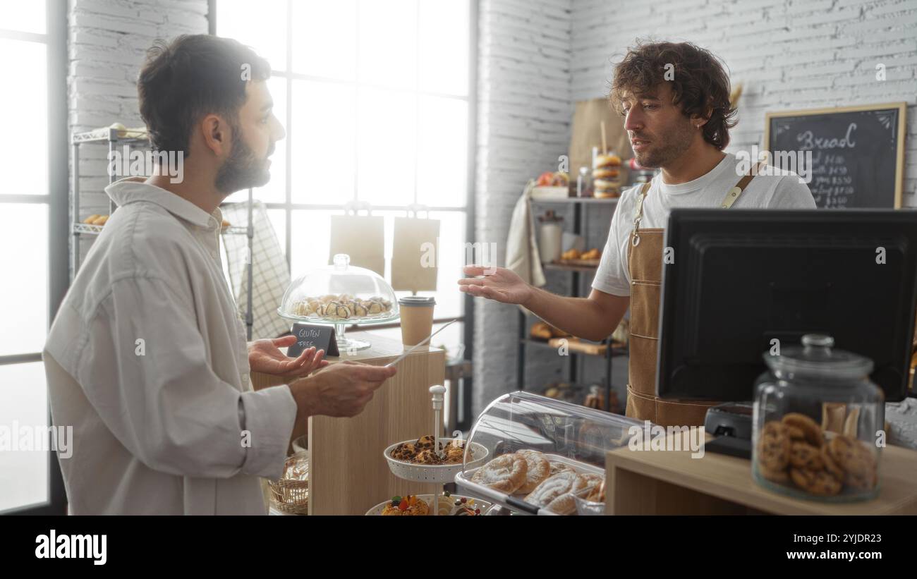 Men discussing inside a bakery with one acting as a waiter and the ...
