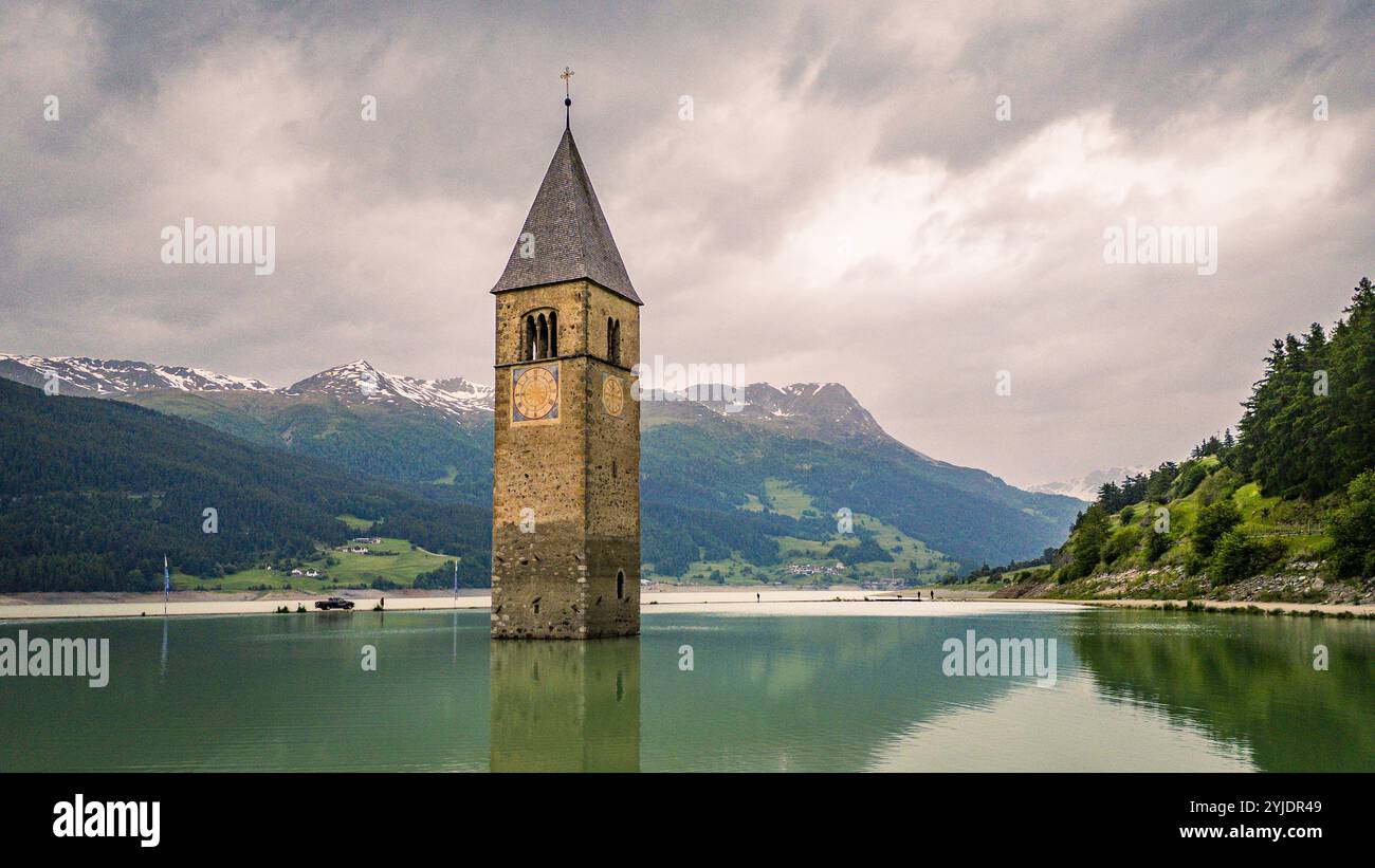 CURON VENOSTA, ITALY – AUGUST 27, 2024: The iconic bell tower of the ...