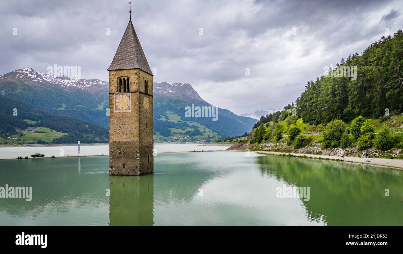 CURON VENOSTA, ITALY – AUGUST 27, 2024: The iconic bell tower of the ...