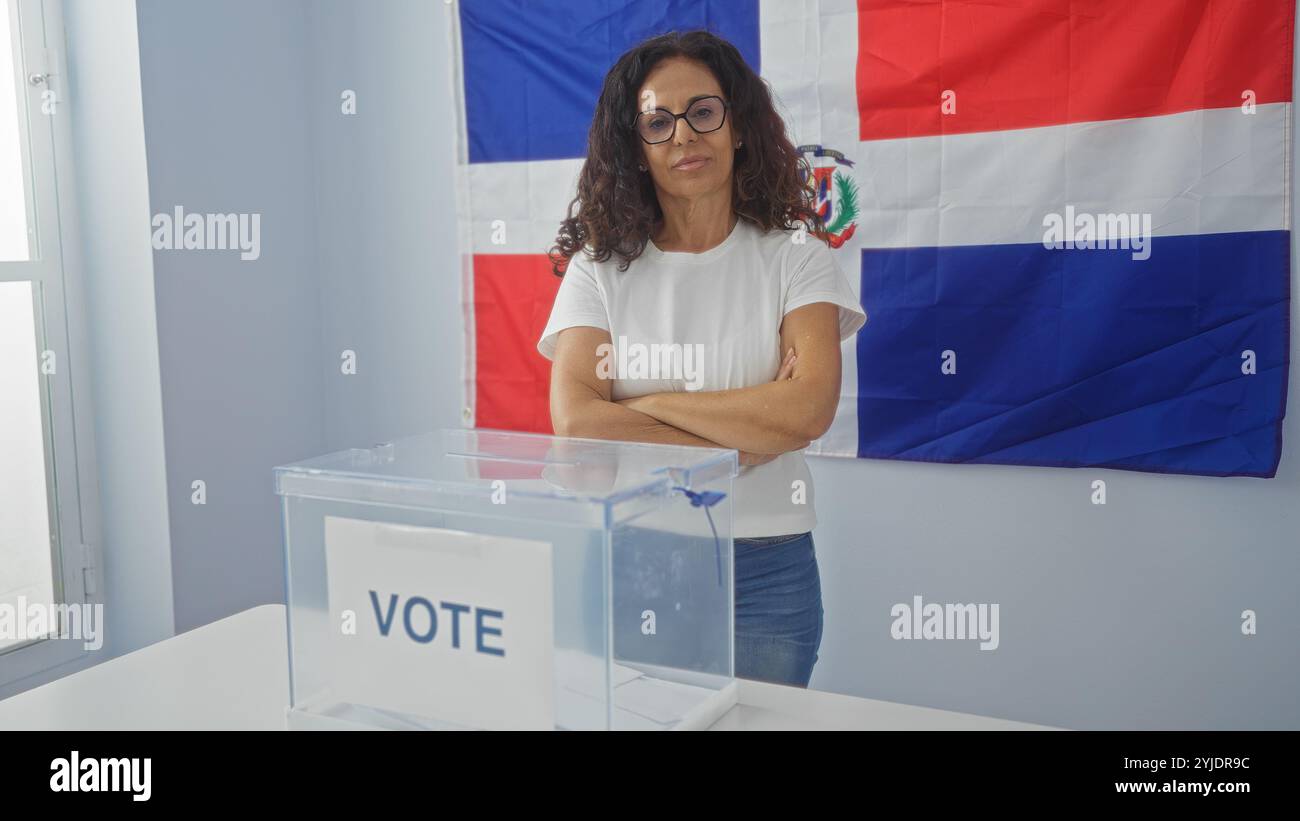 Hispanic woman at electoral college with arms crossed in front of ...