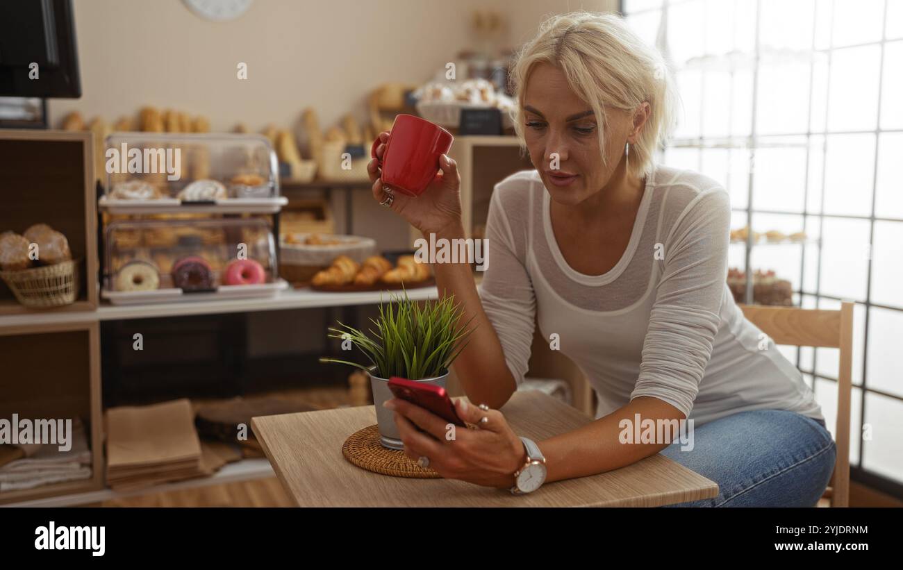 Young, blonde woman with short hair in a bakery shop browsing her ...