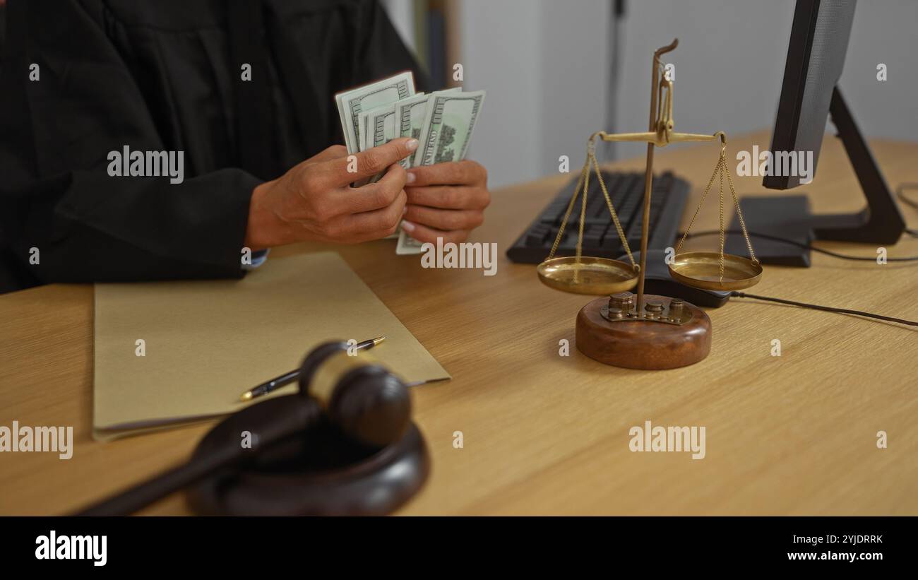 Judge in office counting american dollars sitting near scales of ...