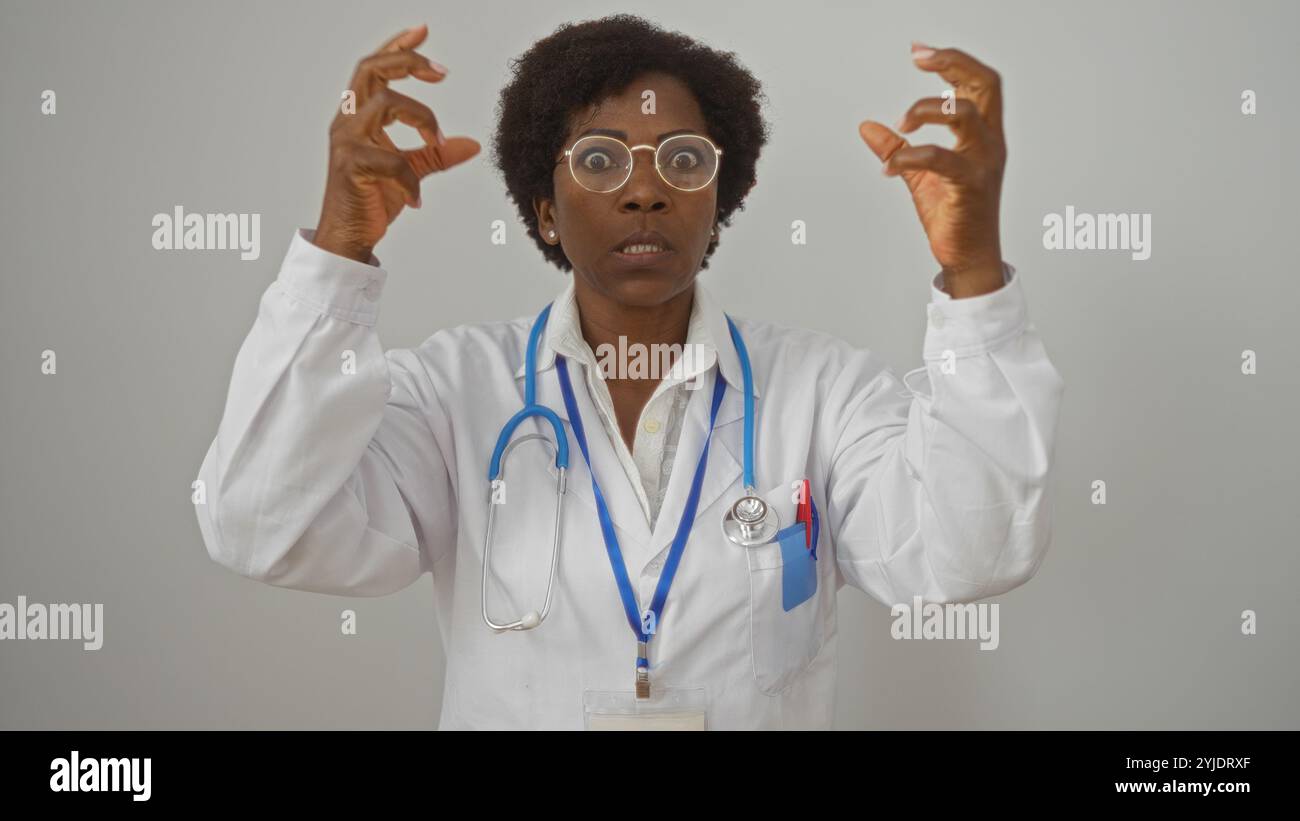 Angry woman doctor with glasses and curly hair expressing frustration ...