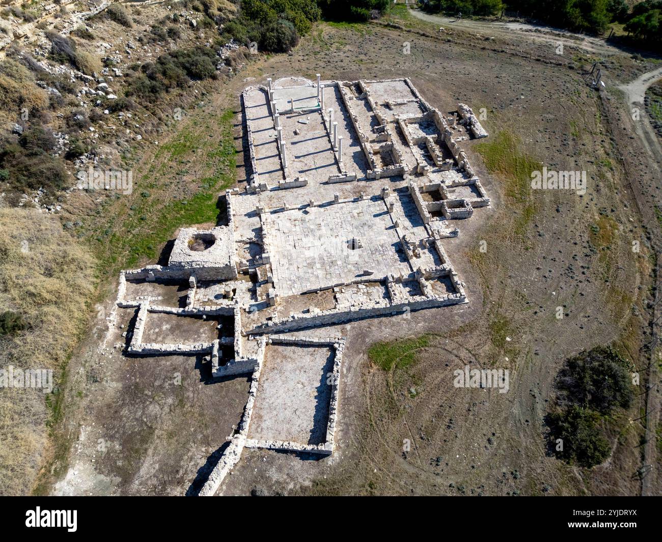 Aerial view of a 5th-century Christian church located outside the ...