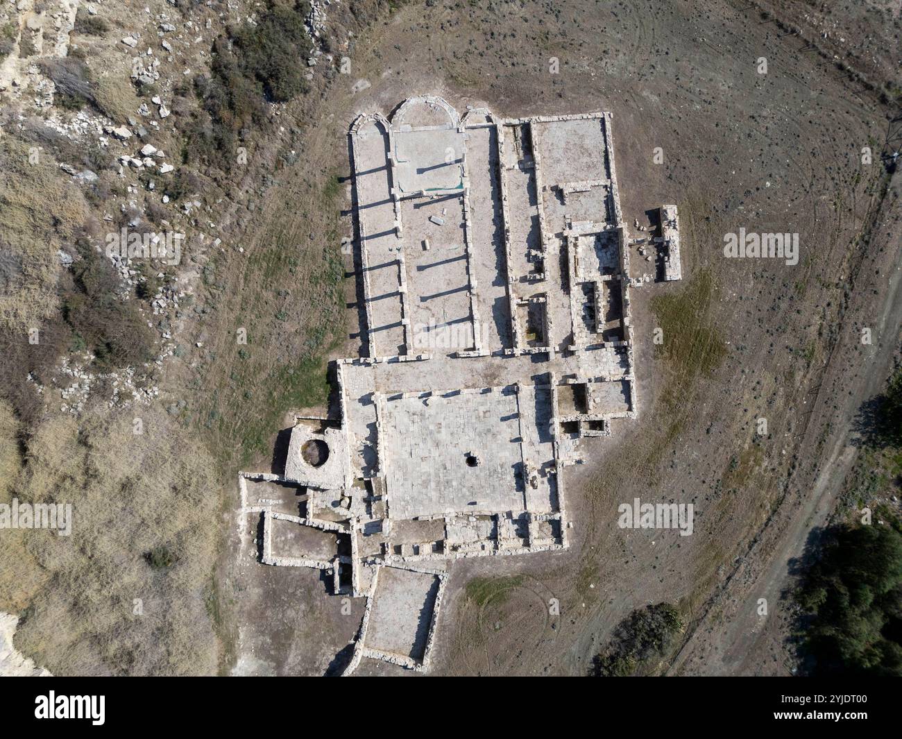 Aerial view of a 5th-century Christian church located outside the ...