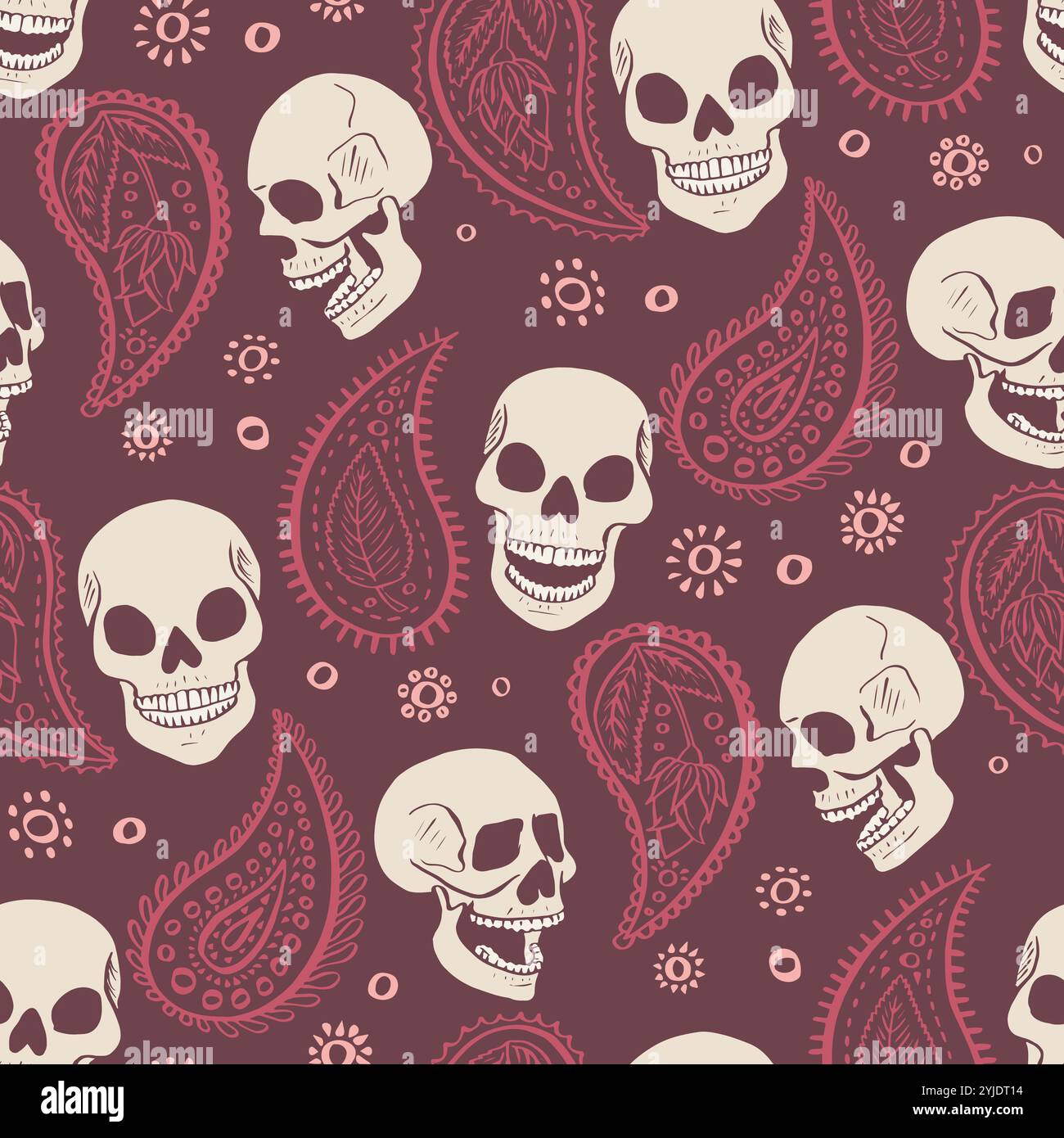 Seamless pattern with hand drawn inky floral skulls surrounded by ...