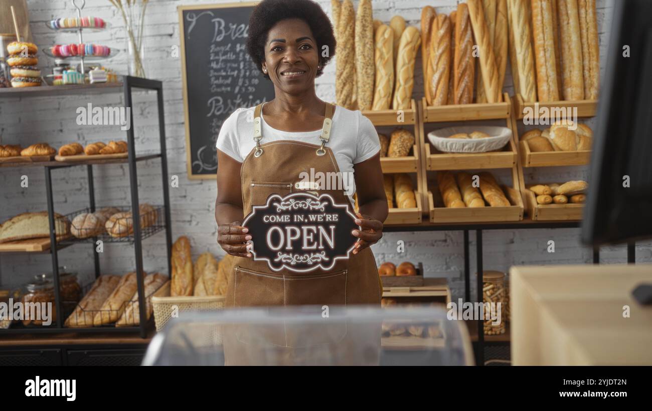 Woman holding open sign in bakery with bread loaves displayed on racks ...