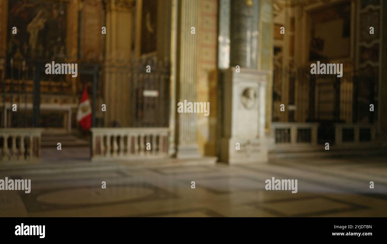 Blurred view of a church interior in peru with a defocused religious ...