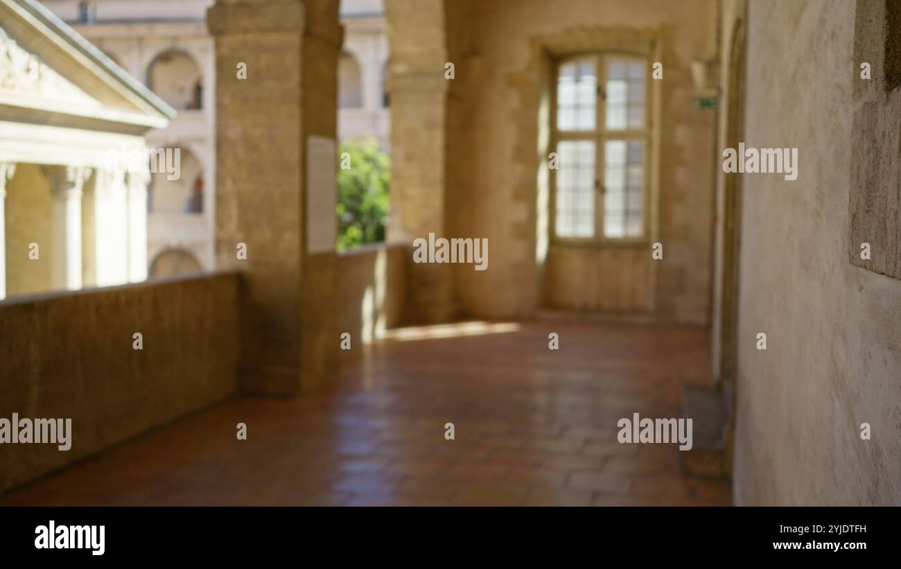 Defocused view of an old university campus corridor showcasing bokeh ...