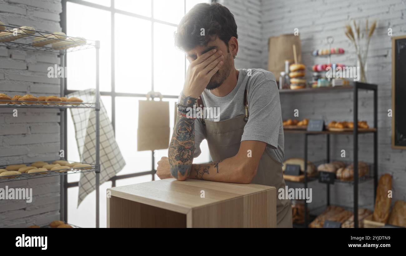 Young hispanic man with beard and tattoos looking distressed in an ...