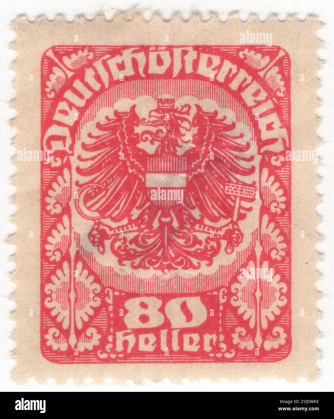 AUSTRIA — 1920: 80 heller rose postage stamp depicting Coat of Arms of ...