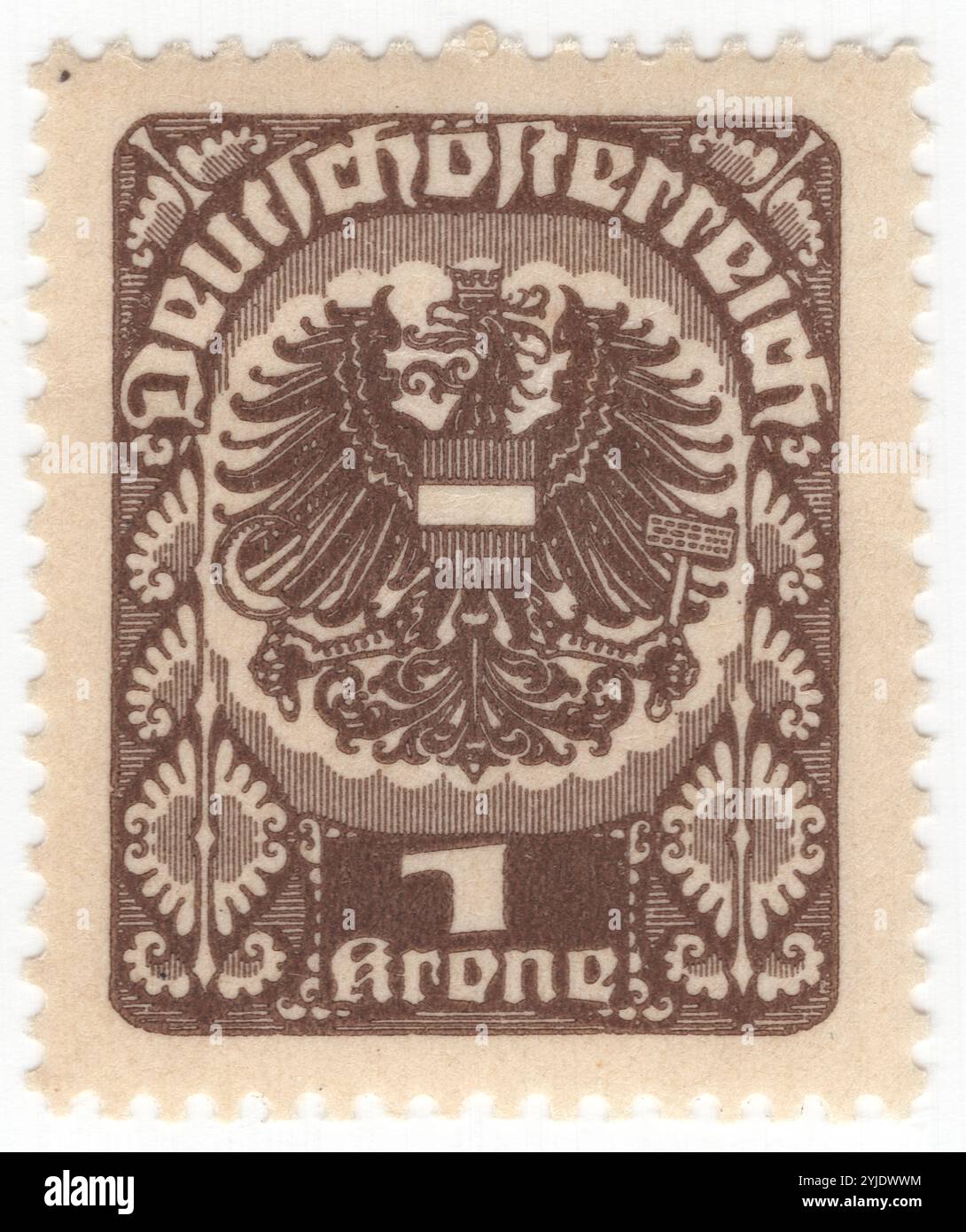 AUSTRIA — 1920 May: 1 krone black-brown postage stamp depicting Coat of ...