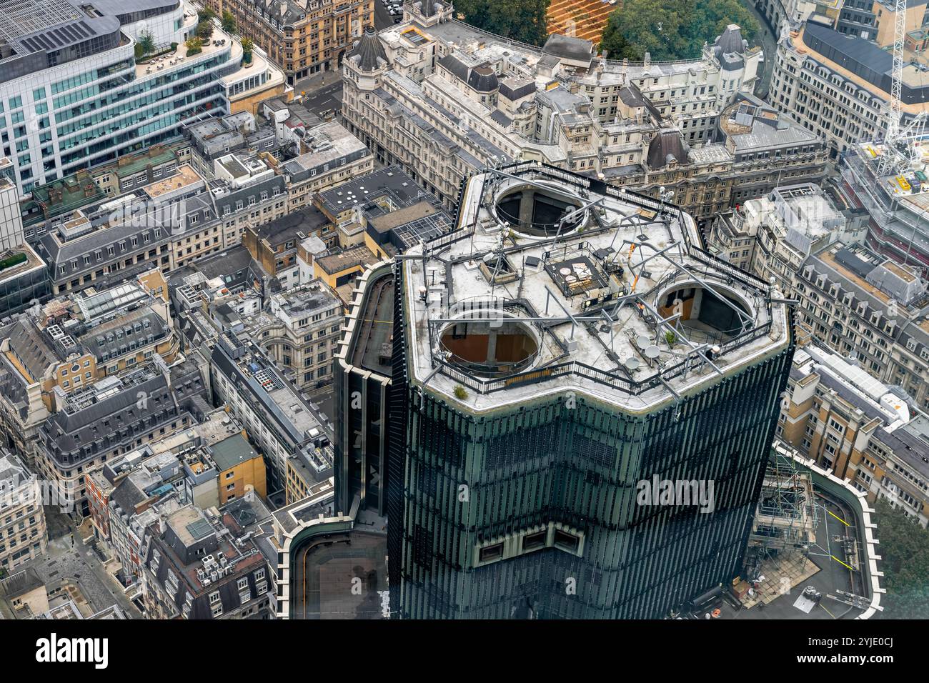Aerial view of the top of Tower 42 in the City Of London seen from ...