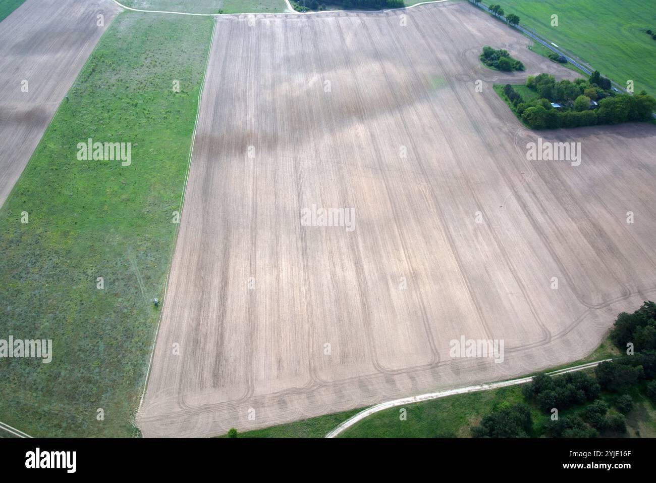 Aerial view of fields and meadows in Brandenburg, Germany, mid-May ...