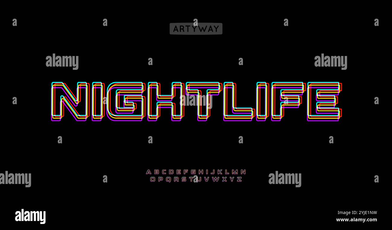 Nightlife alphabet, colorful lines letters, club neon font for bright modern logo, emphasis ...
