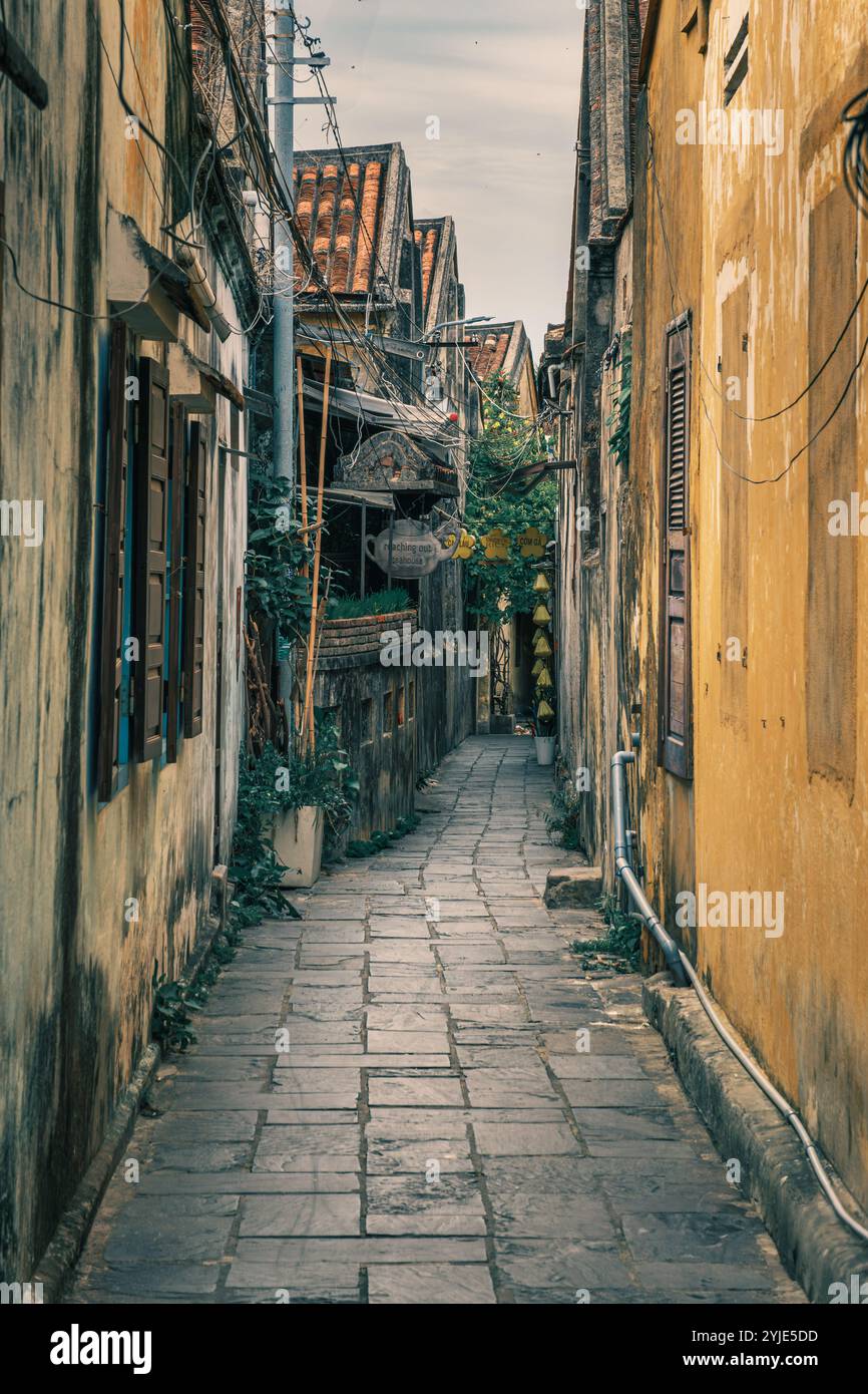 Narrow Alleyway with Tall Historic Buildings on Each Side, Hoi An ...