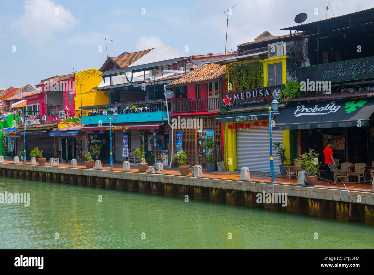 Historic waterfront house on Malacca River in city center of Melaka, Malaysia. Historic cities ...