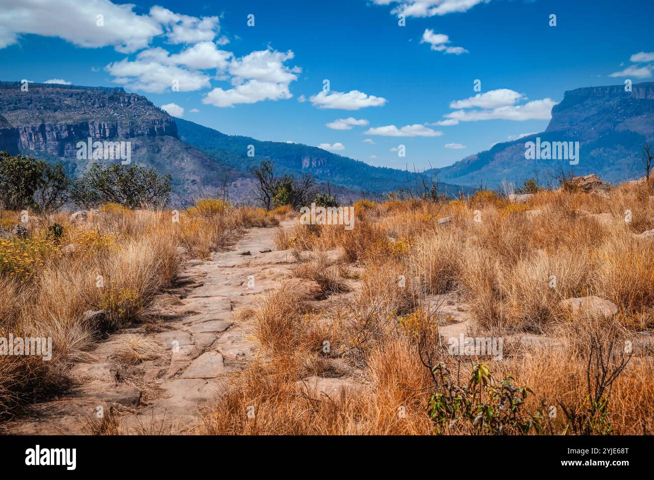 A rocky path winds through dry grasslands, leading toward distant ...