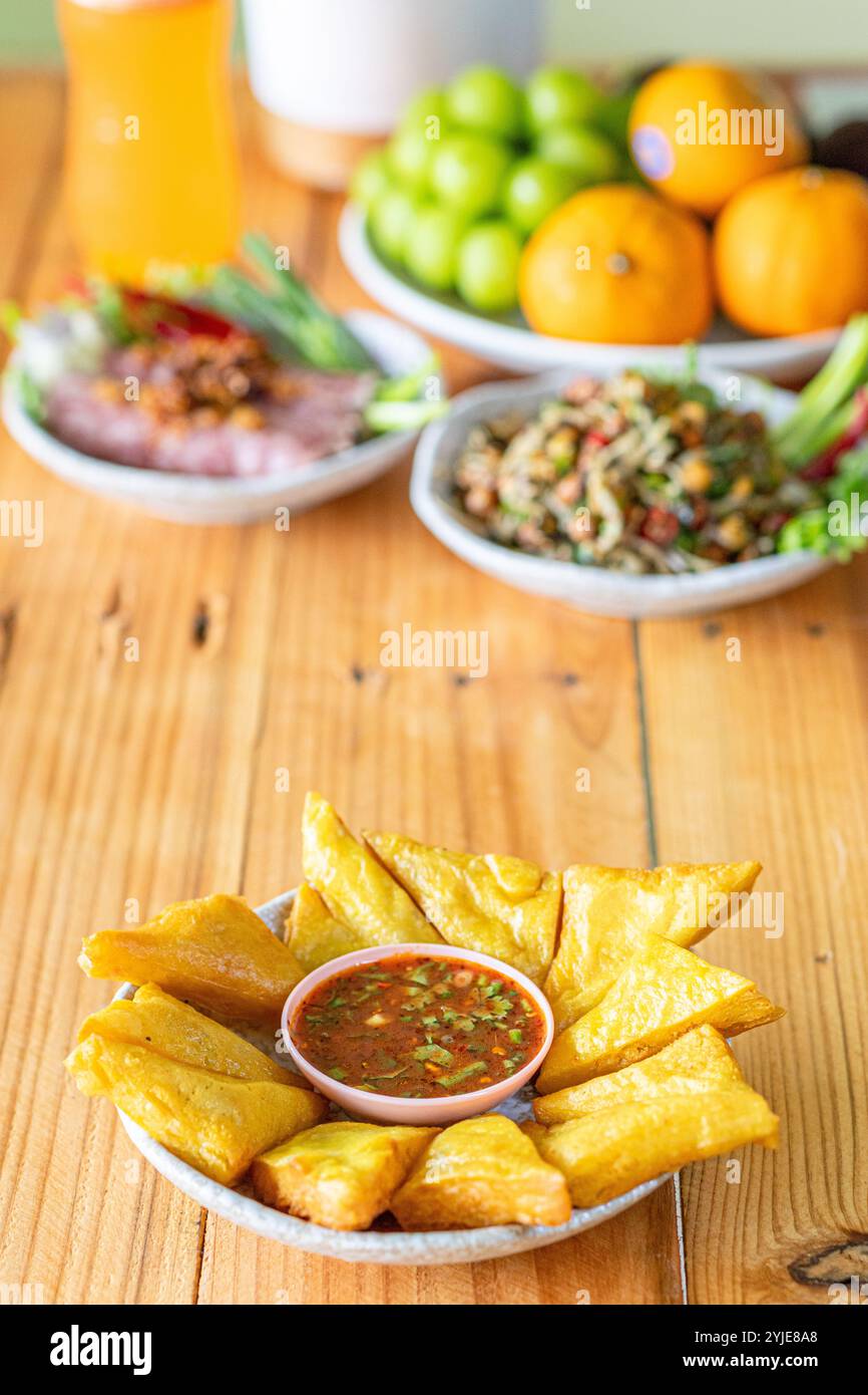 Golden fried tofu looks delicious It is Tai Yai food that uses winged ...