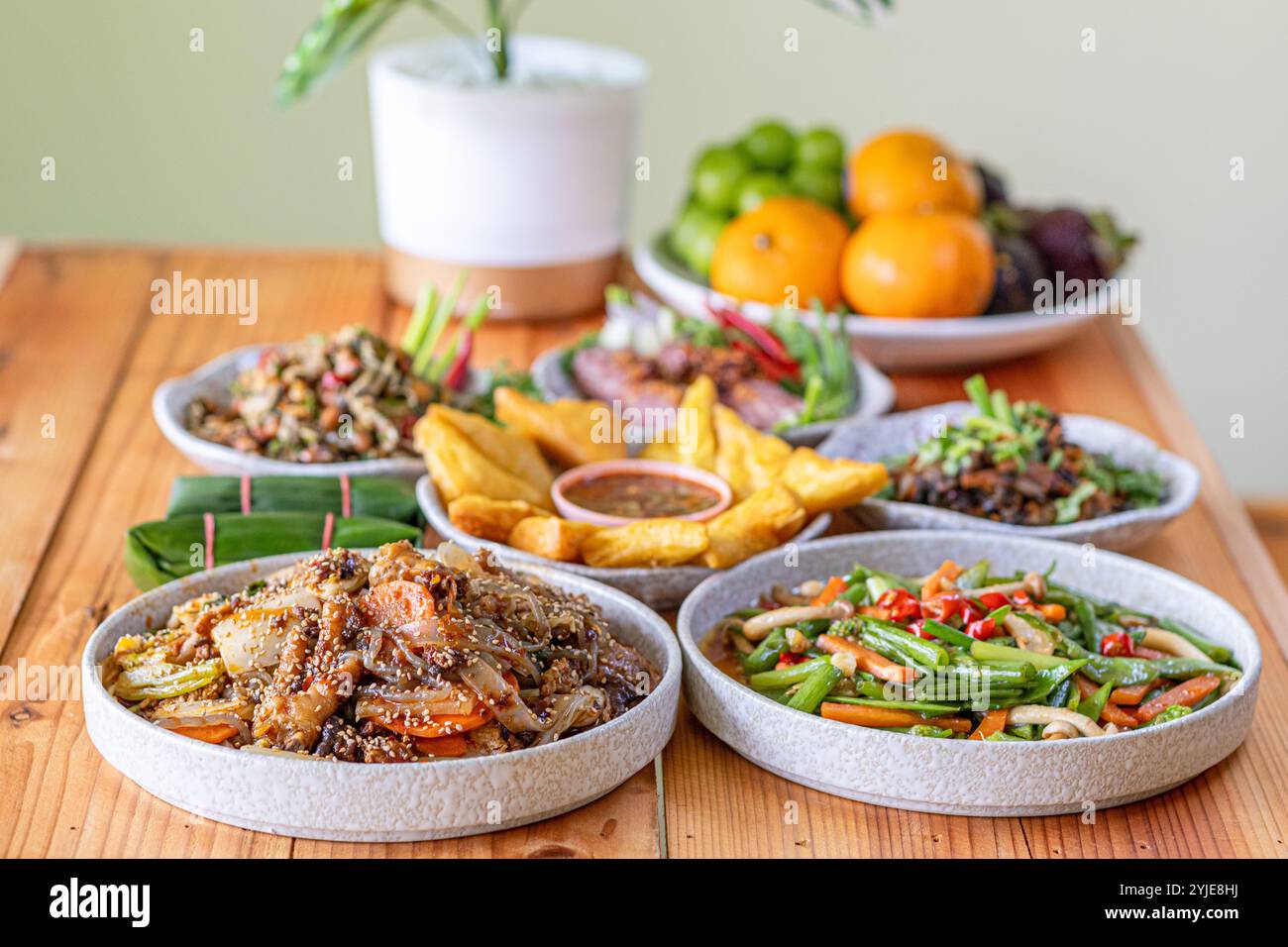 Various kinds of noodles are stir fried together with vegetables and ...