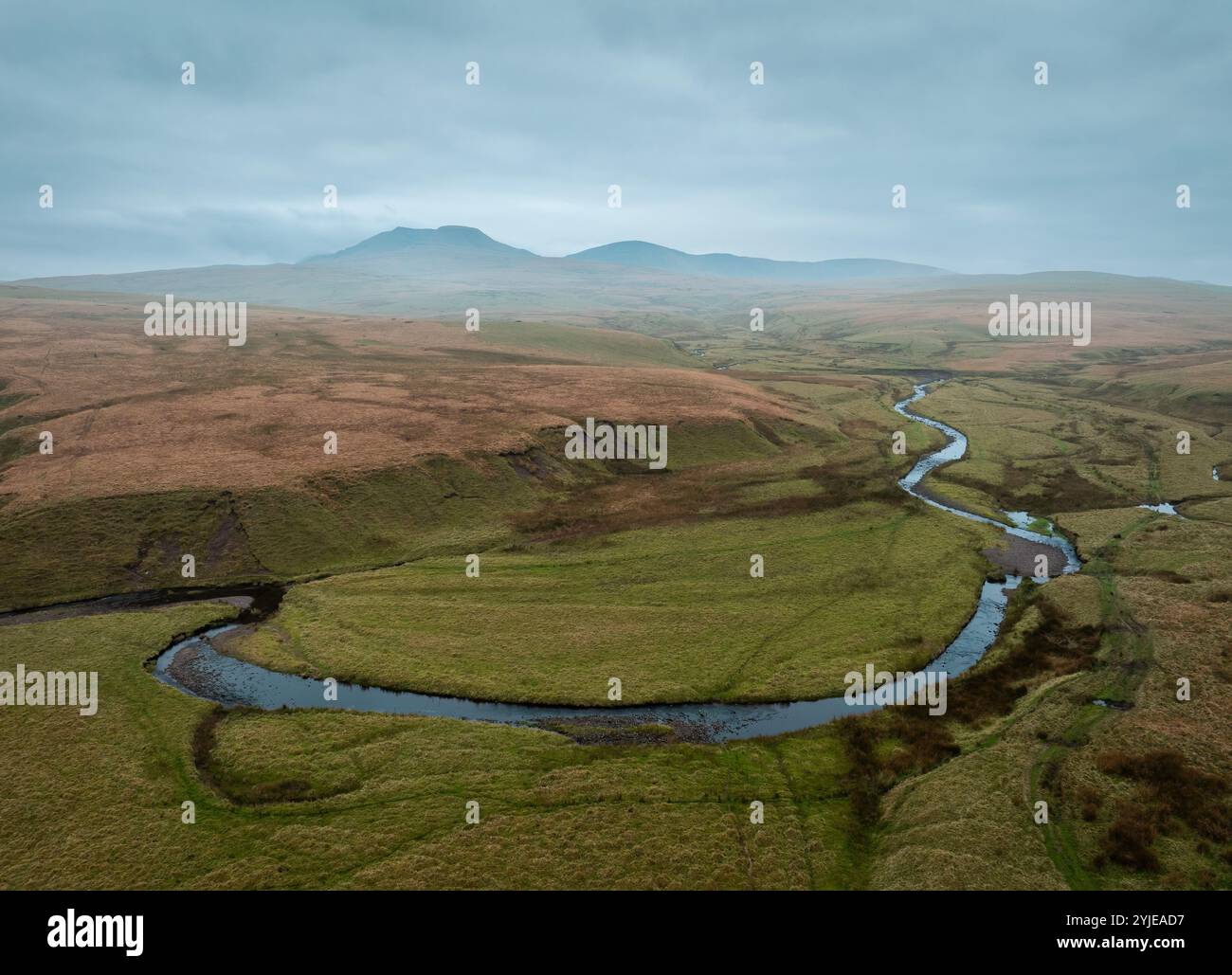 Aerial view of the River Usk and Fan Brycheiniog in the Black Mountain ...