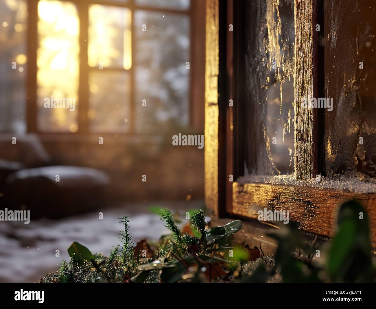 Frosted Window with Indoor Plants at Sunrise Stock Photo - Alamy