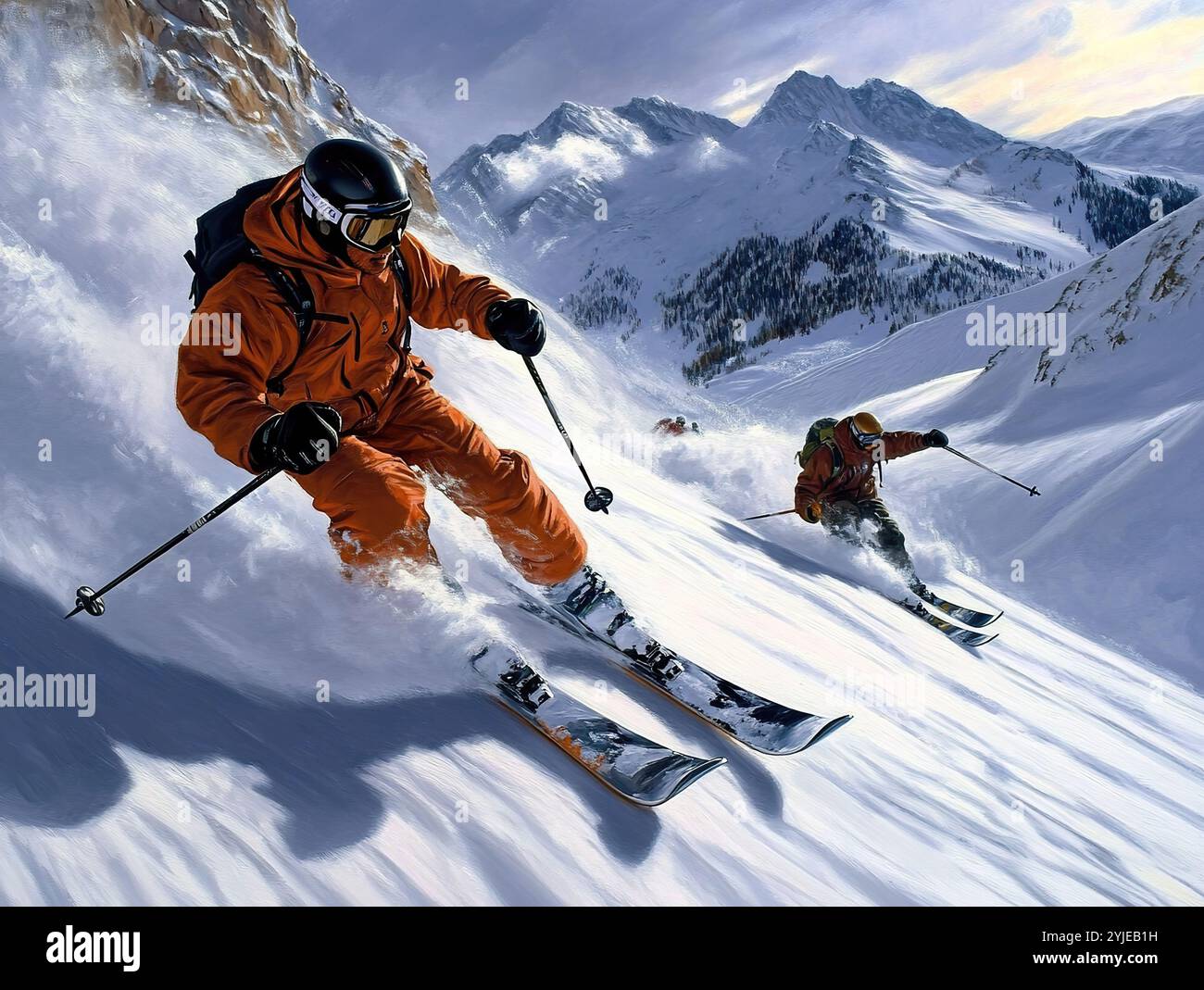Skiers Descending Steep Snowy Mountain Slope Stock Photo - Alamy