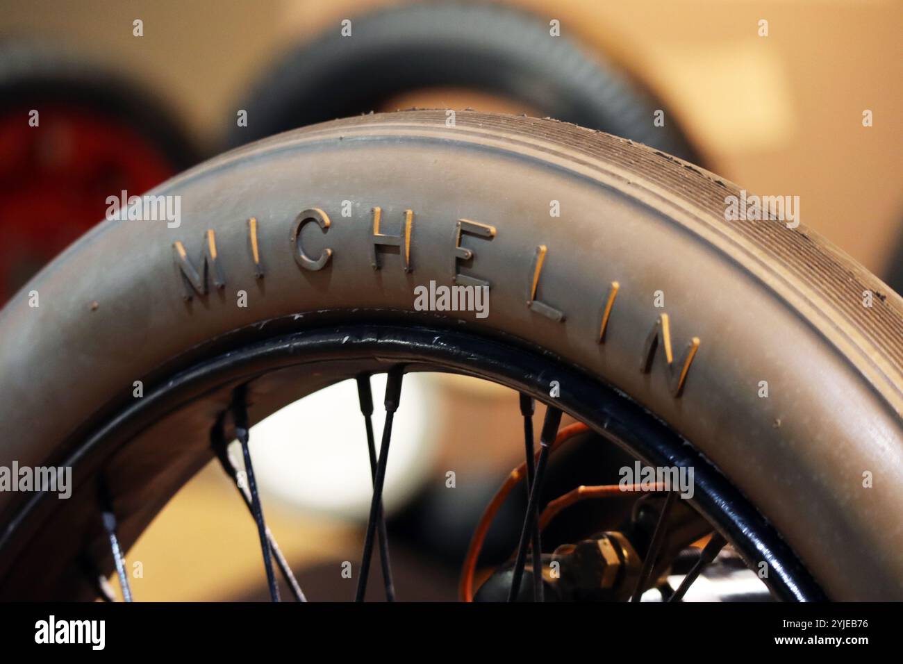 Michelin vintage tires on display at their museum in Clermont-Ferrand ...
