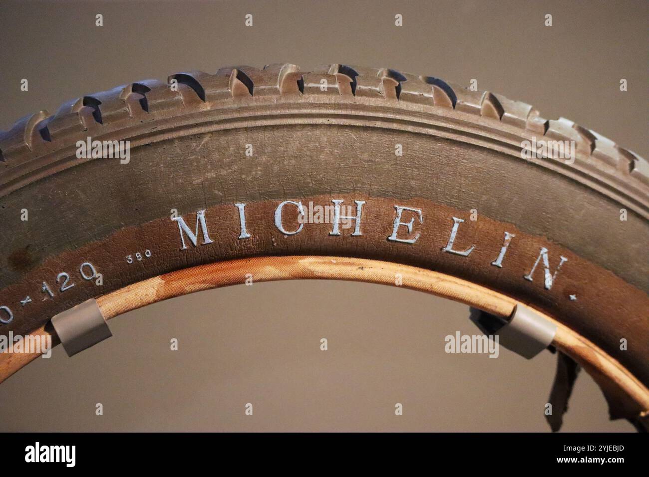 Michelin vintage tires on display at their museum in Clermont-Ferrand ...