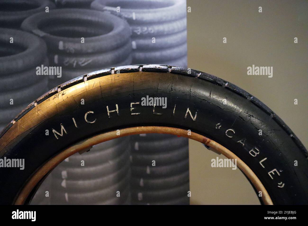 Michelin vintage tires on display at their museum in Clermont-Ferrand ...