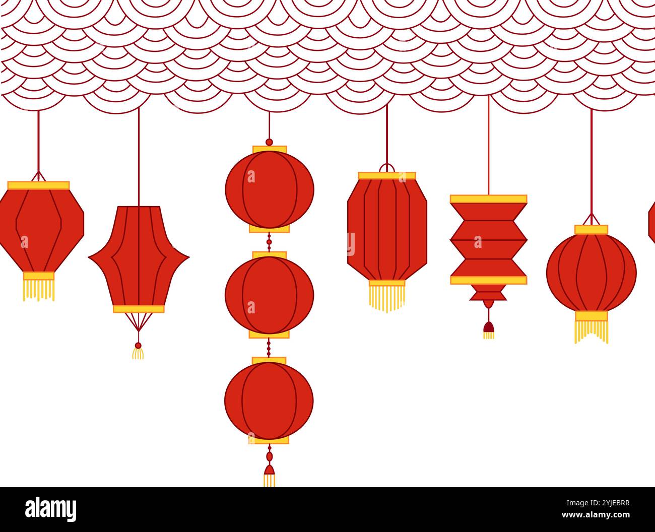 Horizontal Chinese style hollow pattern border hanging red lantern ...