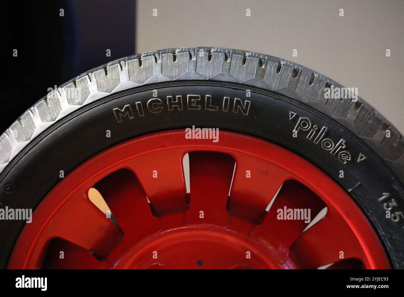 Michelin vintage tires on display at their museum in Clermont-Ferrand ...