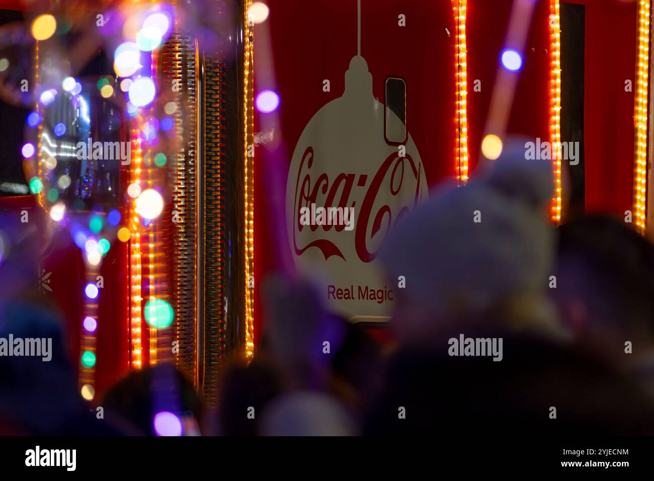A New Year's Eve, Christmas Eve, Santa Claus Coca-Cola van drives ...