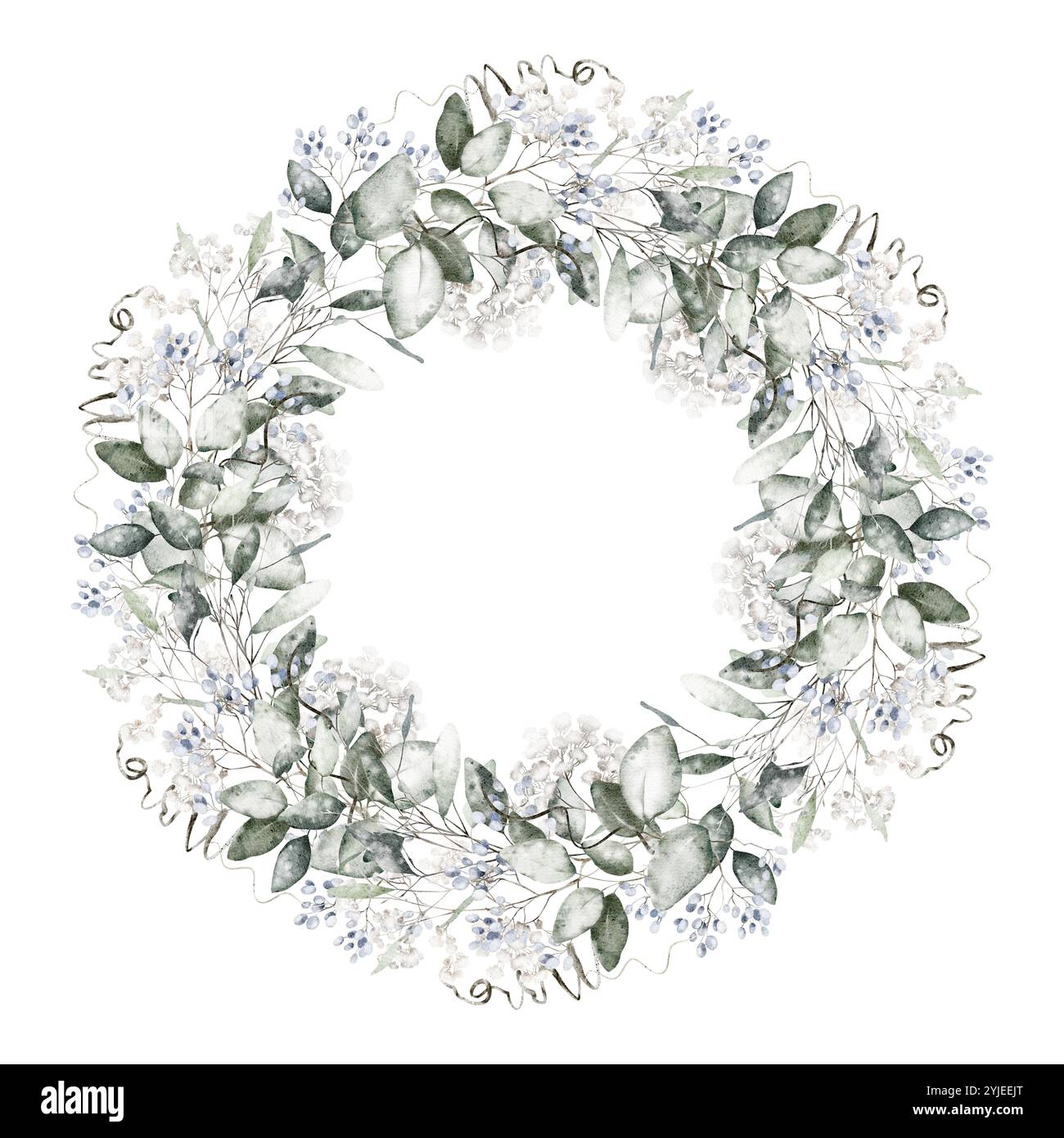 Watercolor eucalyptus wedding floral wreath. Drawing of botanical round ...