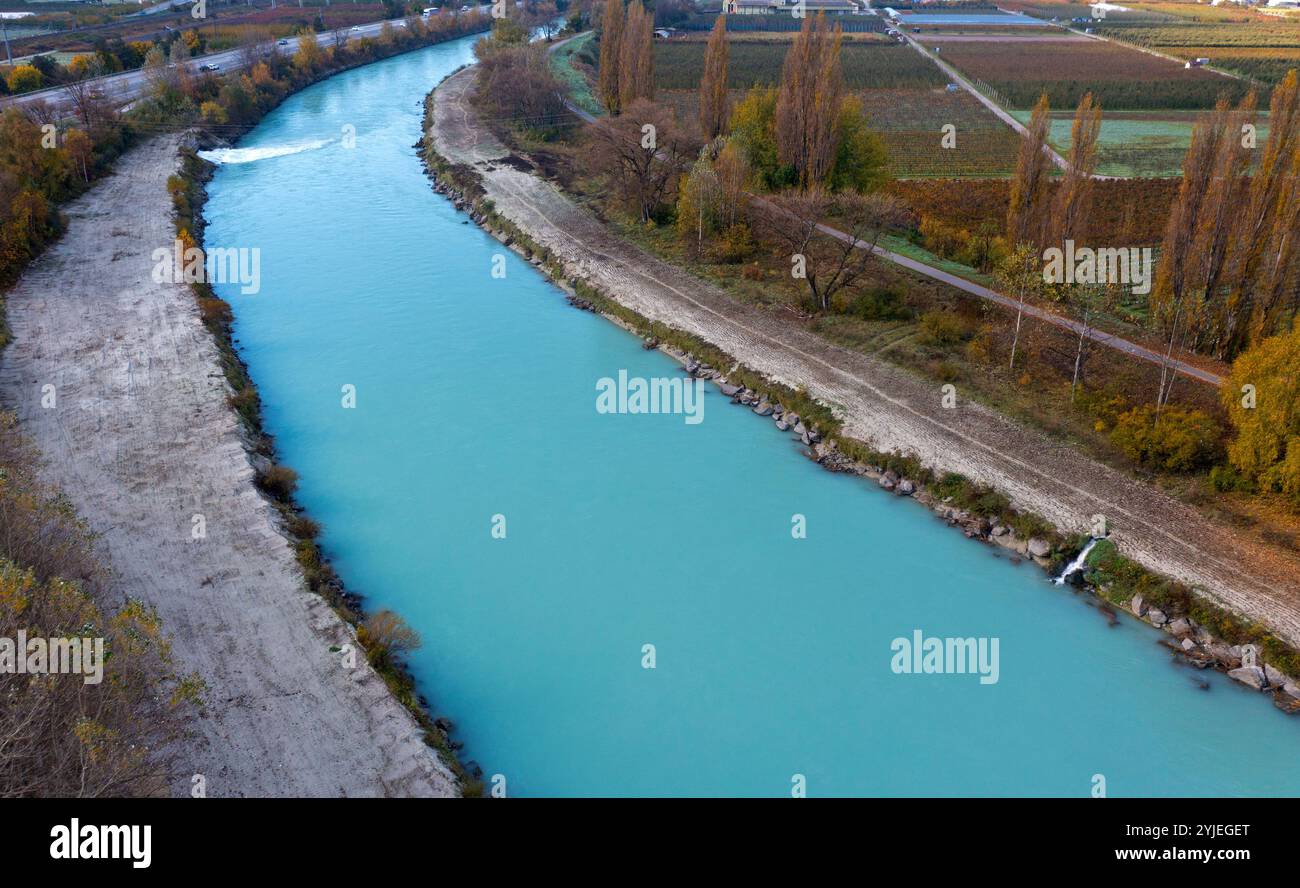 The canalized Rhone river, view downstream, at low water with flood ...